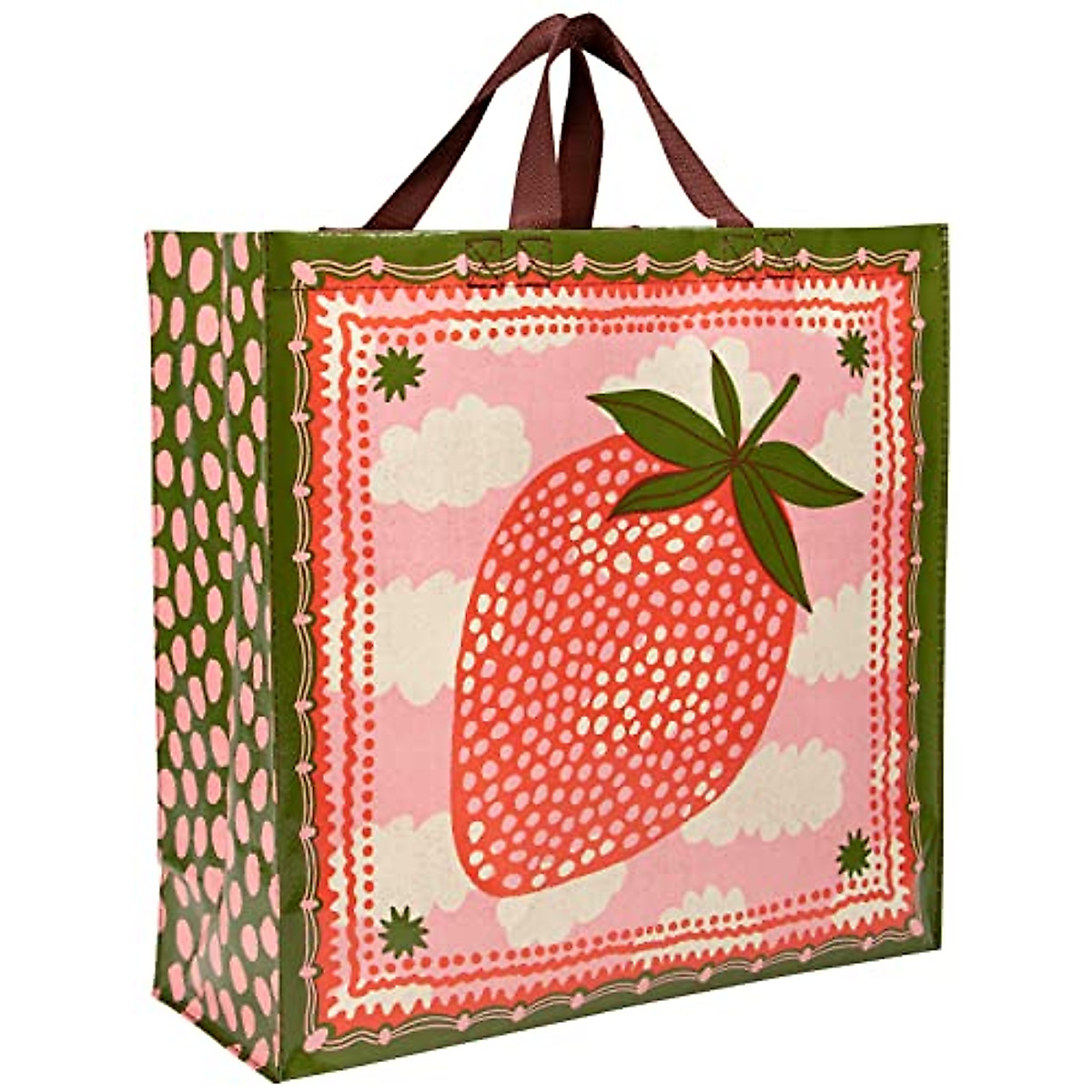 Blue Q Shopper - Strawberry Clouds. Reusable grocery bag, sturdy, easy-to-clean, 15" h x 16" w x 6" d. Made from 95% recycled material.