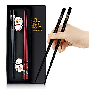 YAYA Oriental Kawaii Cat Chopstick Rest anad Holder Lucky Cat Gift Set 2 Pairs Chopsticks Cute Japanese Cat Holders Resuable Chopsticks