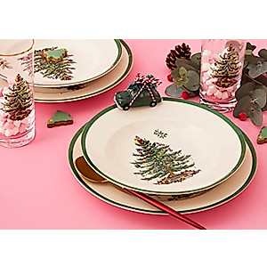 Spode Christmas Tree 9" Soup Plate (Set of 4) - Stoneware Soup Bowls with Festive Tree Design & Green Rim, Ideal for Serving Soup, Pasta, Salad - Microwave & Dishwasher Safe Holiday Dinnerware