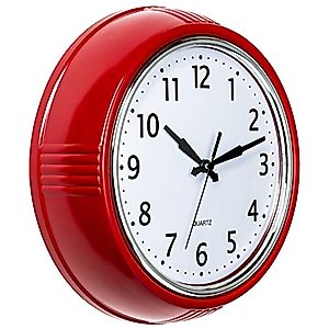 Bernhard Products Retro Wall Clock 9.5 Inch Red Kitchen 50's Vintage Design Round Silent Non Ticking Battery Operated Quality Quartz Clock