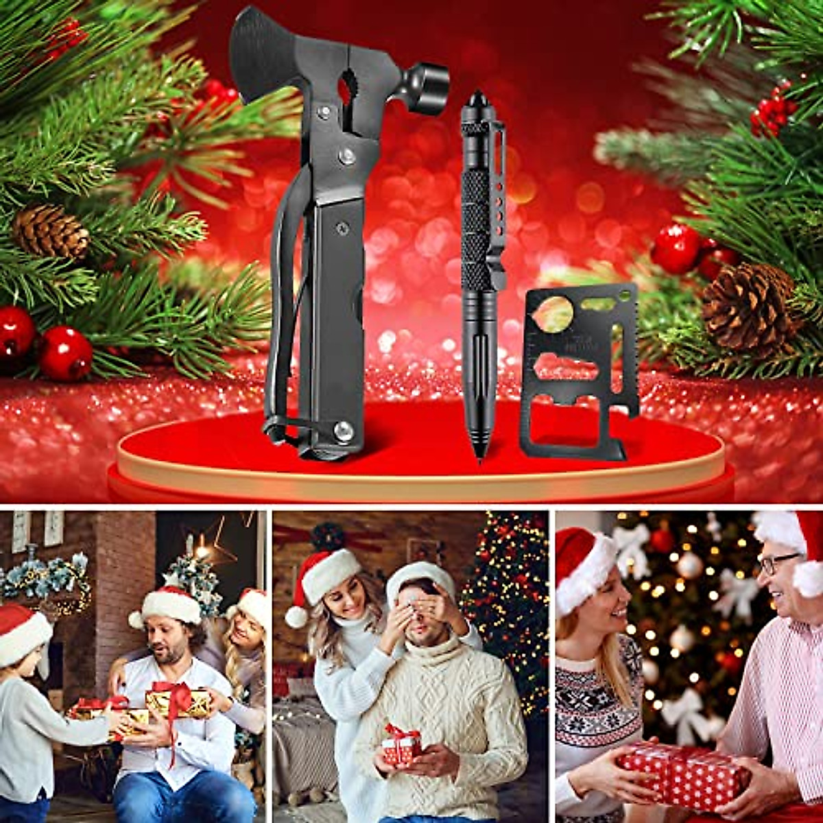 Gifts for Men Him Dad Husband 15 in 1 Multitool Hatchet Saw Hammer Pliers Screwdrivers Multitool Card Pen Camping Accessories Camping Axe Survival Gear Cool Gadgets for Hiking Hunting Birthday