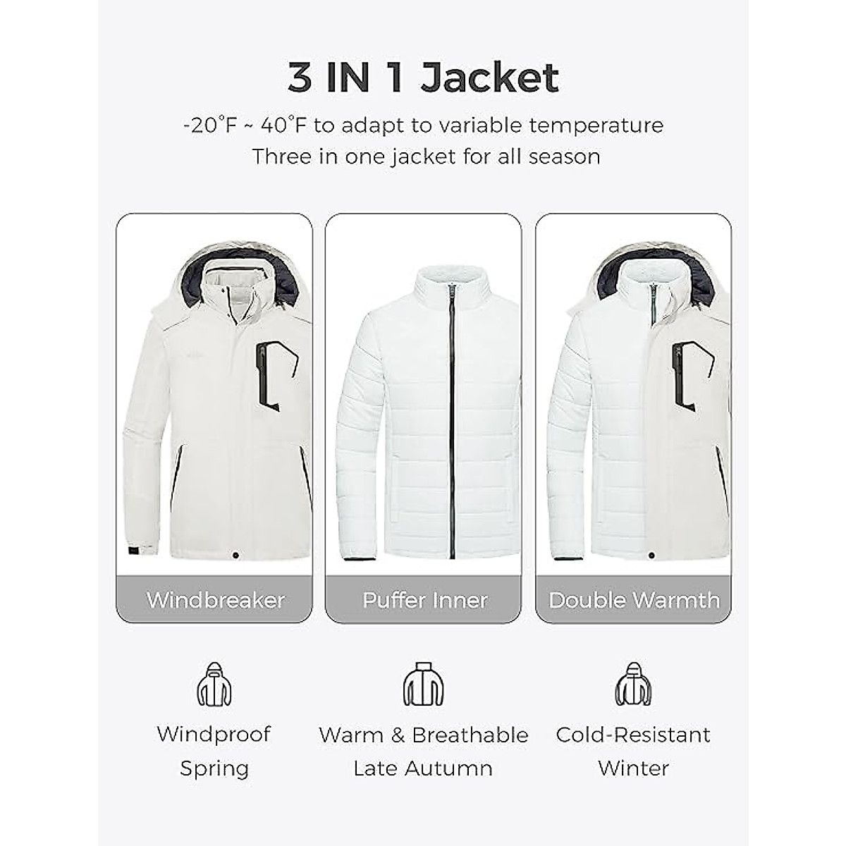 wantdo Men's 3-in-1 Winter Coat Waterproof Snow Jackets Warm Skiing Jacket with Hood White L