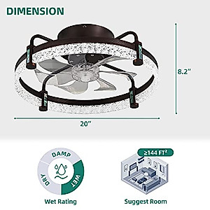 YITAHOME 20" Ceiling Fan with Lights, Low Profile Flush Mount Ceiling fan, Enclosed Bladeless Fan with Quiet Reversible DC Motor, 6 Speeds, for Bedroom,Living Room Kitchen, Indoor, Brown