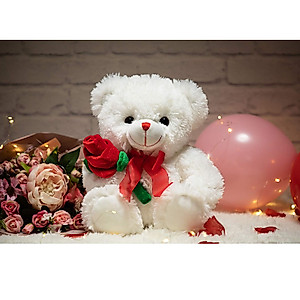 HollyHOME Teddy Bear Stuffed Animal Rose Bear with Red Bow Soft Plush Toy Holiday Valentine's Day Gift 12 Inches White