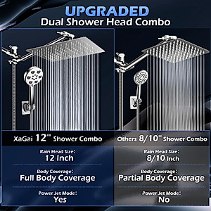 XaGai Modern 12-Inch Rain Shower Head with Handheld Spray, 11-Inch Extension Arm, 6 Settings, Anti-Leak, Built-in Power Wash, Height/Angle Adjustable, Chrome