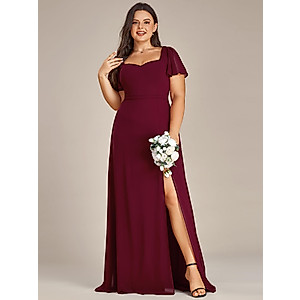 Ever-Pretty Plus Women's Curve Elastic Back Sweetheart High Slit A-Line Maxi Semi Formal Dresses with Sleeves Burgundy US18