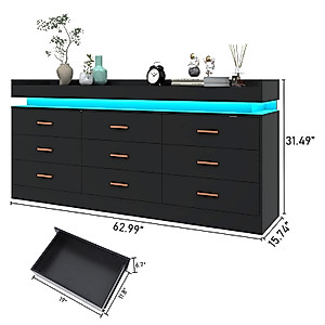 Hlivelood 9 Drawer Dresser with LED Light and Charging Station, Modern Chest of Drawers for Closet, Wide Drawer Organizer Cabinet for Bedroom, Living Room, Entryway, Hallway(9 Drawer Black)