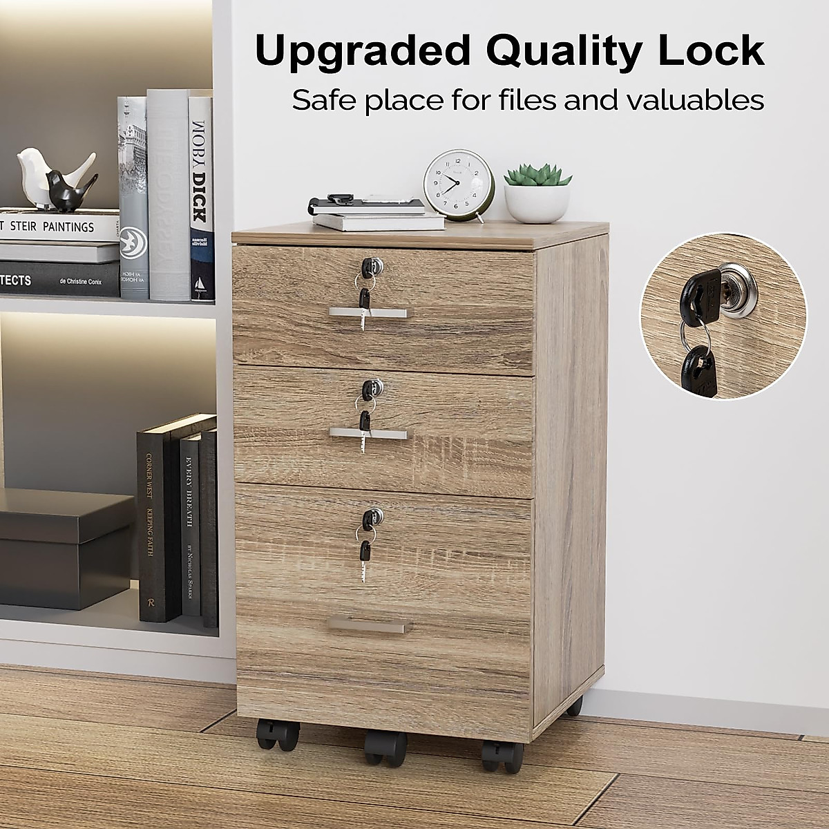 VINGLI Mobile 3 Drawer File Cabinets for Under Desk, Wooden Filing Cabinets for Home Office, Printer Stand & File Cabinet with Lock, 26-in H(Caster Included), Oak