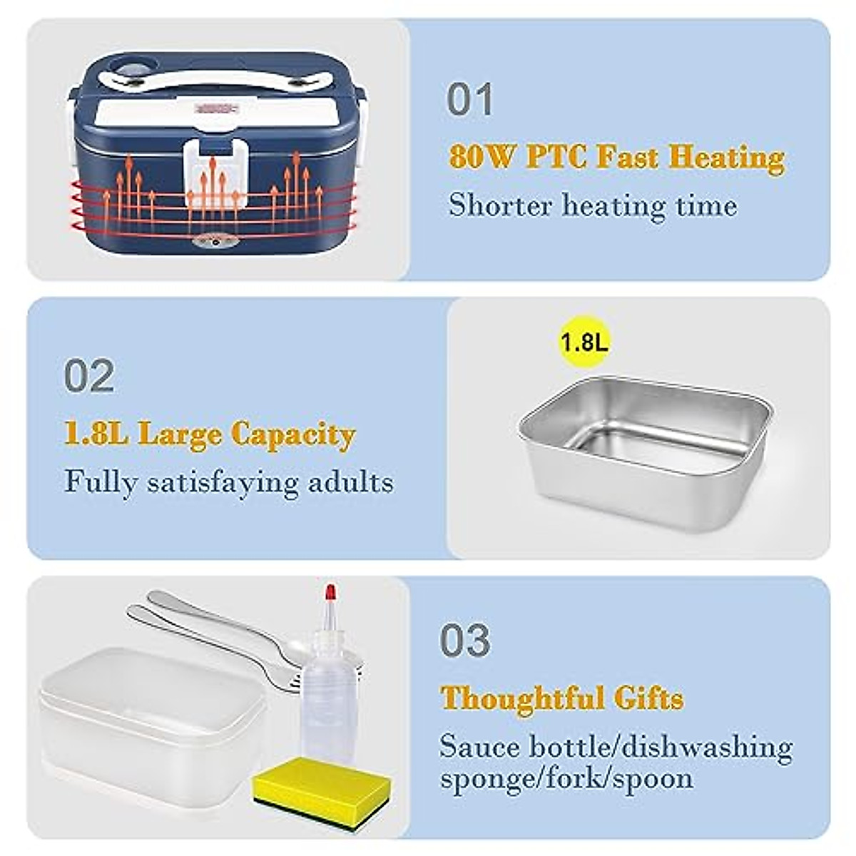 AosFero Electric Lunch Box Food Heater,80W 1.8L Large Portable Heated Lunch Boxes for Adults,12v/24v/110v Suitable for Car Truck & Office(Blue,Upgraded)