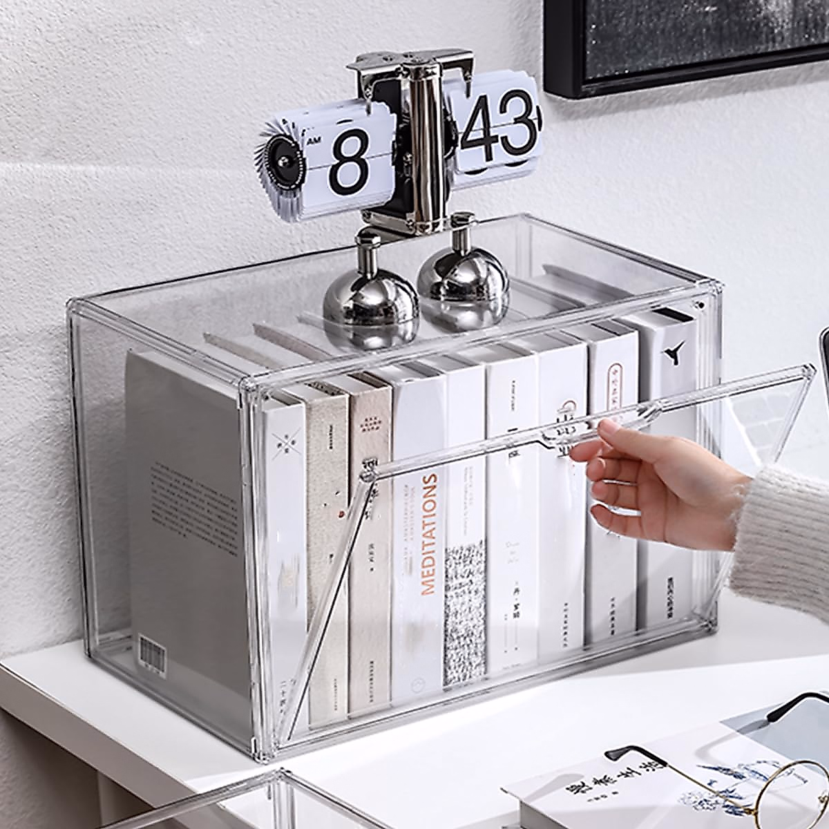 Fox Claw ​​​​​​Clear Acrylic Bookcase, Book Organizer Box, Portable Book Containers with Magnetic Door, Stackable Display Case for Purses Handbags Dolls Toys Shoes(Clear, 14.17" ×10.63"×8.66")