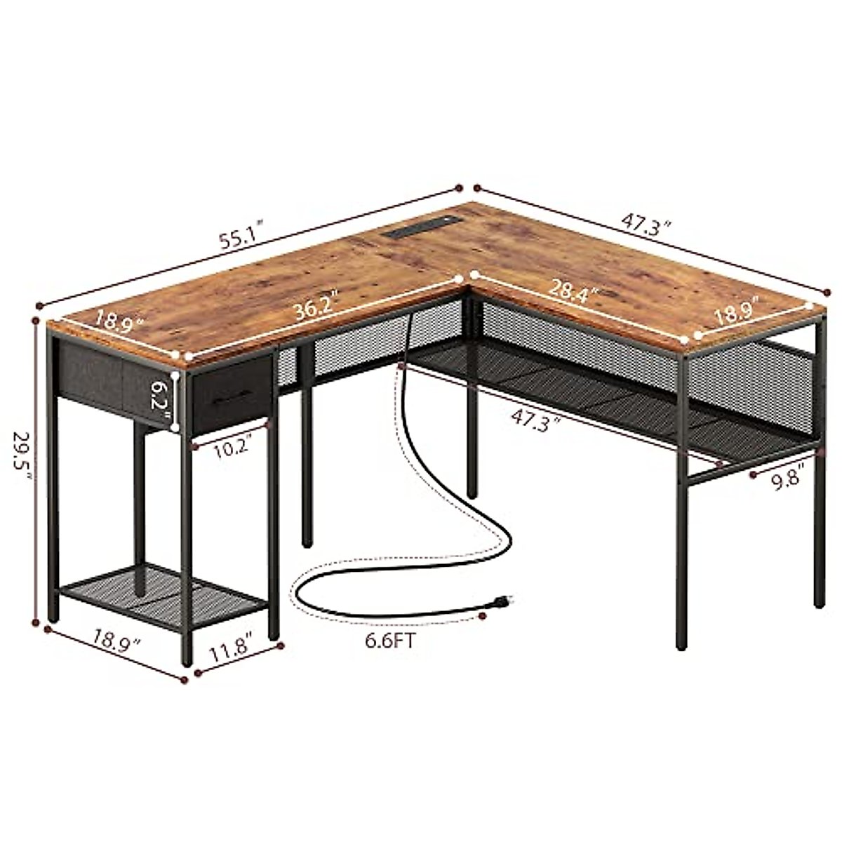 SUPERJARE L Shaped Desk with Power Outlets, Computer Desk with Drawer, Reversible Corner Desk with Grid Storage Bookshelf, Home Office Desk, Rustic Brown