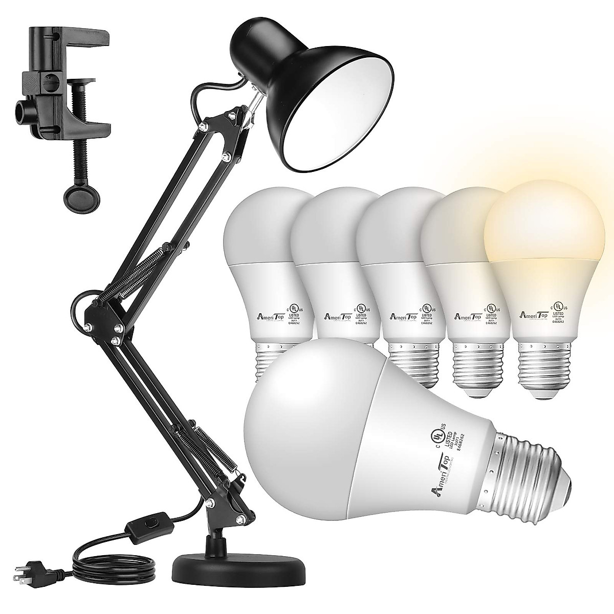 AmeriTop Bundle - Metal Desk Lamp Black & 6 Pack 3000K Warm White A19 LED Light Bulbs; Adjustable Goose Neck Swing Arm Table Lamp with Interchangeable Base Or Clamp