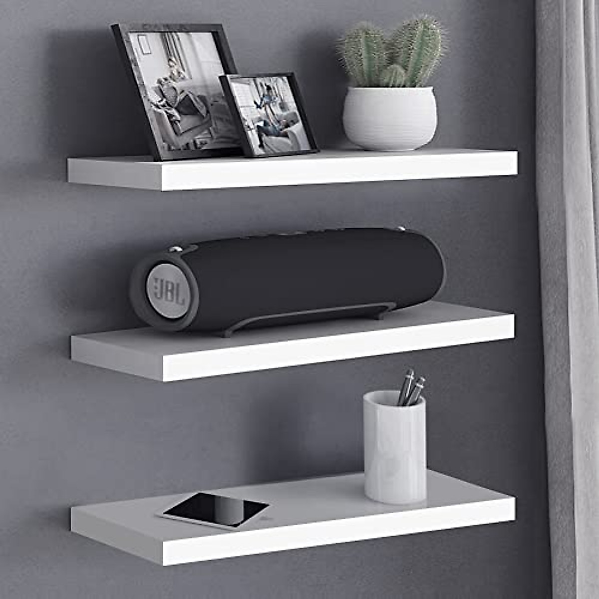 NOKAMW White Floating Wall Shelves,Wall Mounted Display Shelf,Home Decor Wall Storage Shelves Set of 3,Shelf for Wall with Invisible Brackets,Wall Display Rack for Kitchen Office Living Room,3 Pack