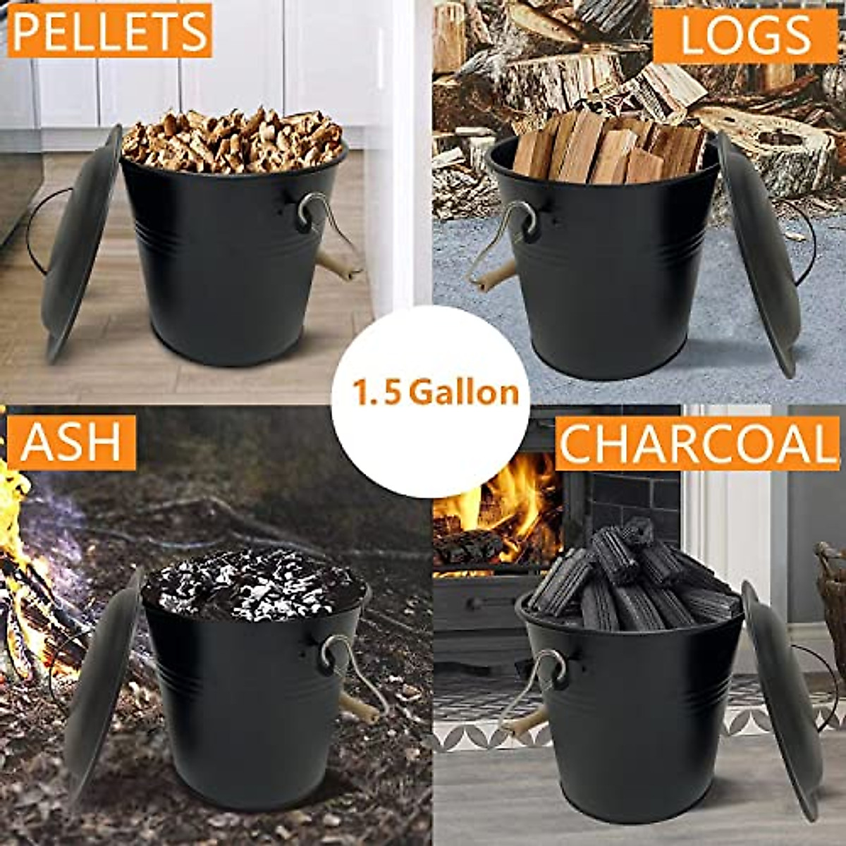 Mini Ash Bucket with Shovel, Gloves and Hand Broom, 1.5-Gallon Pail with Lid, Metal Bucket Coal and Ash Carrier Wood Pellet Storage Container Tool Set for Fireplace Fire Pit, Iron Ash Stove