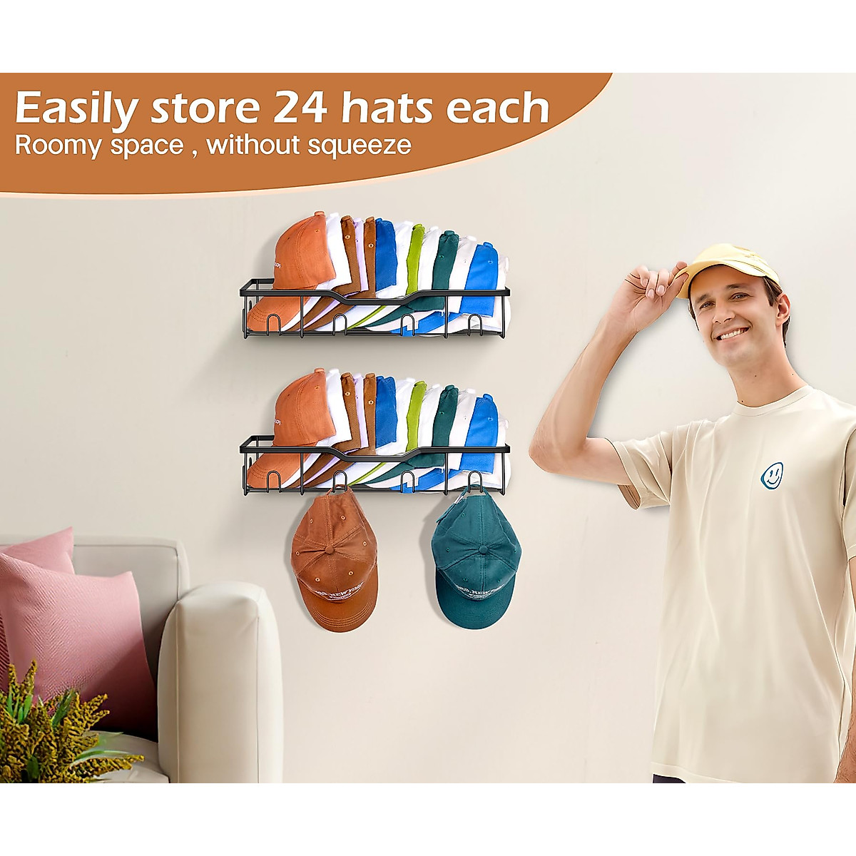 KEETDY Metal Hat Racks for Baseball Caps Wall Hat Organizer Fit 20 Caps Holder, 2 Packs Sturdy Wall Mounted Hat Storage Organizer, Black, Patent: US D1,041,201 S