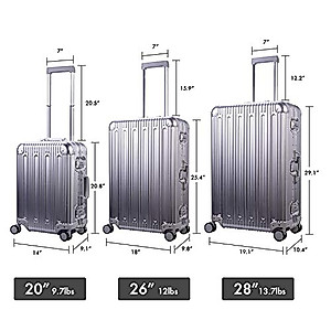 TRAVELKING All Aluminum Luggage Carry On Spinner Hard Shell Suitcase Lightweight Metal Suitcases 20“ & 28 Inch Luggage Set