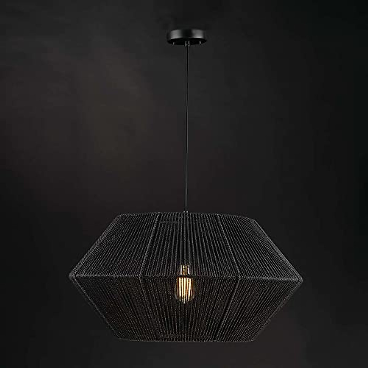 Globe Electric 65470 1-Light Chandelier, Matte Black Natural Twine, Mate Black Canopy and Socket, Designer Black Cloth Hanging Cord. Adjustable Height, Home Decor Lighting, Hygge, Bulb Not Included