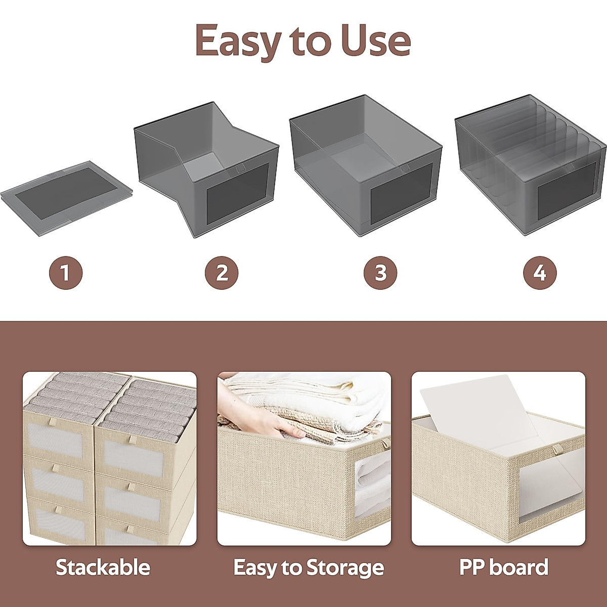 6 Pack Closet Storage Bins, Large Linen Closet Baskets for Clothes Organizer, Foldable Multifunctional Closet Organizer with Clear Window for Clothing, Jeans, Toys, Books, Shelves, Closet, Wardrobe