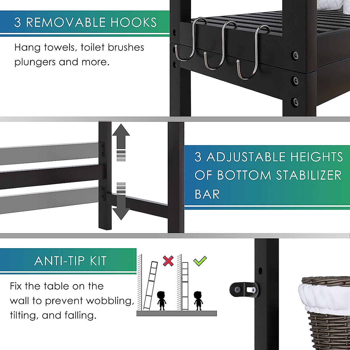 SMIBUY Bathroom Storage Shelf, Bamboo Over-The-Toilet Organizer Rack, Freestanding Toilet Space Saver with 3-Tier Adjustable Shelves (Black)