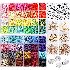 Quefe 6300pcs Clay Heishi Beads with 130pcs Letter Beads, Polymer Flat Round Disc Beads Kit with Elastic String, Pendant, and Jump Rings, for DIY Jewelry Marking Bracelets Necklace, 48 Colors 6mm