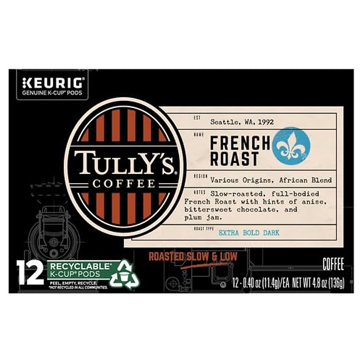 Tully's Coffee French Roast Keurig Single-Serve K-Cup Pods, Extra Bold Dark , 12 Count