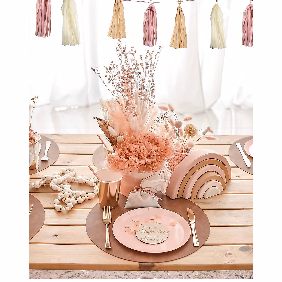 15PCS DIY Boho Rainbow Party Tassel Banner Dusty Rose Pink Kraft Brown Cream Paper Garland Streamer Wedding Baby Shower Birthday Outdoor Nursery Garden Hanging Decoration