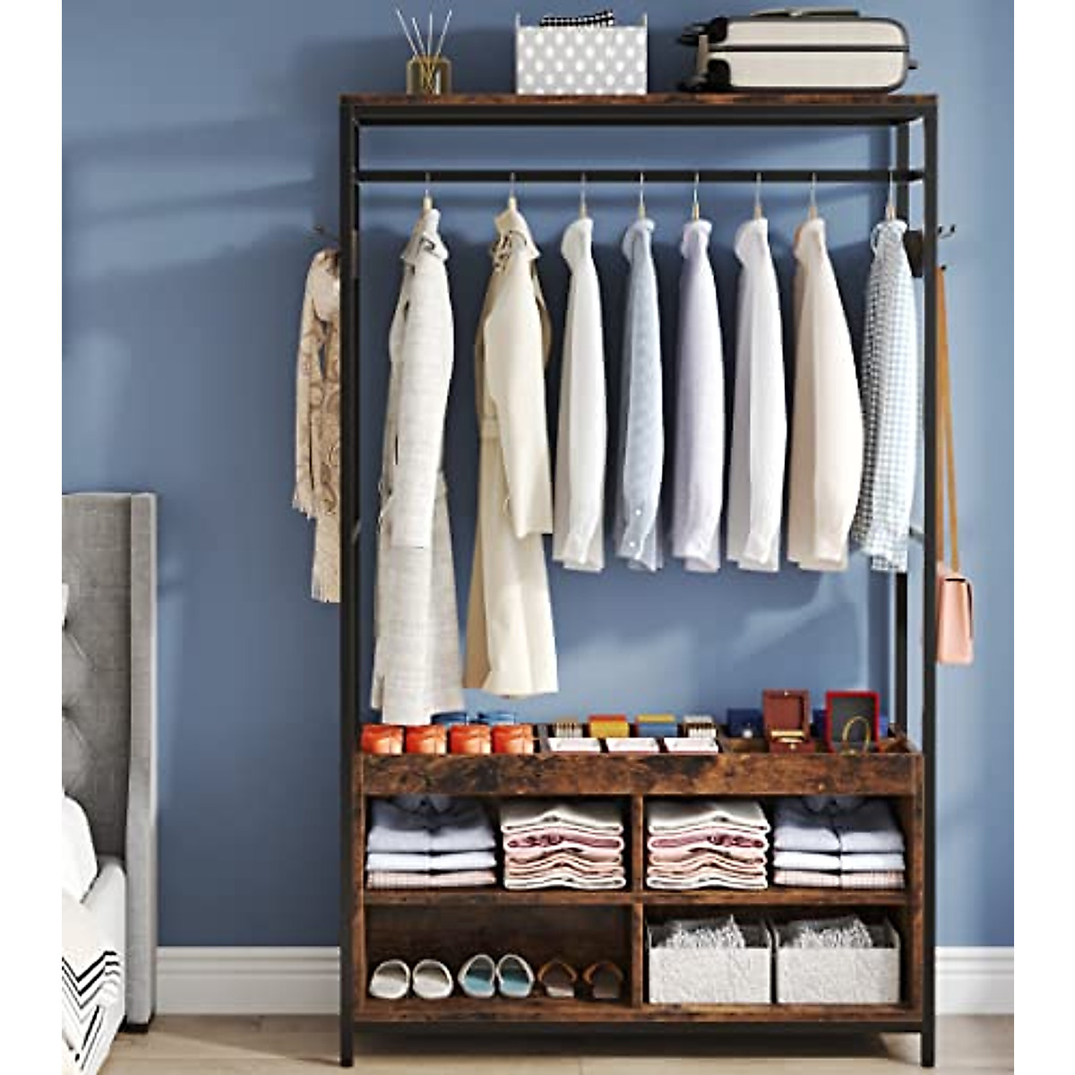 Tribesigns Freestanding Closet Organizer, Wooden Garment Rack for Hanging Clothes, Heavy Duty Wardrobe Rack with Storage, Industrial Clothing Racks with 6-Grid Organizer Box,Rustic Brown