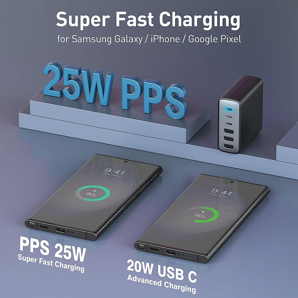 USB C Fast Charger, 100W 6 Port Charging Station Block Hub, 3 USB-C + 3 USB A, Wall Charger for All iPhone 15 14 13 12 Pro Max, iPad Pro Air Mini, AirPod, iWatch, Samsung Galaxy S23, S22, 5ft Cord