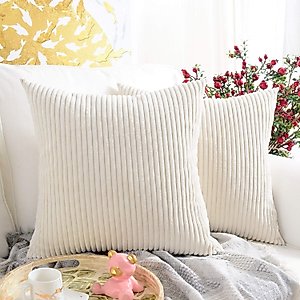 MERNETTE Pack of 2, Corduroy Soft Decorative Square Throw Pillow Cover Cushion Covers Pillowcase, Home Decor Decorations for Sofa Couch Bed Chair 18x18 Inch/45x45 cm (Striped Cream)