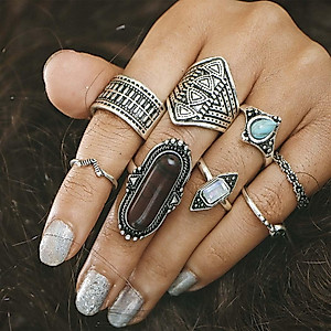 Campsis 8PCS Knuckle Ring Sets Turquoise Boho Rings Vintage Flower Mid Finger Ring for Women and Girls