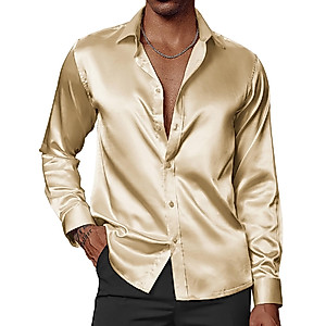 PJ PAUL JONES Men's Gold Silk Satin Dress Shirts Button Down Shiny Date Night Prom Wedding Shirt with Bow Tie M