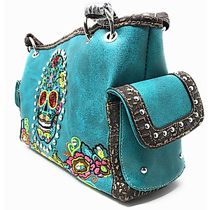 Texas West Women's Embroide Sugar Skull Handbag Purse Wallet Set in Multi Color (Turq)