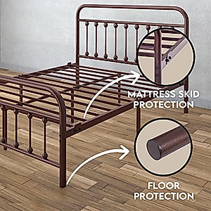 AMBEE21 Vintage Queen Metal Bed Frame with Headboard and Footboard Platform/Wrought Iron/Heavy Duty/Solid Sturdy Metal Slat/Rustic Brown/No Box Spring Needed/Industrial & Farmhouse