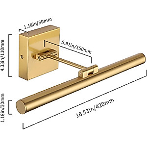 Joosenhouse LED Picture Light Fixtures Dimmable 16.53" Inch Modern Metal Artwork Hallway Lamps with Single Swing Arm, 7W (50W Eqv.), Hardwired Connection, Warm White, CRI80+, Golden-Like Brass Finish
