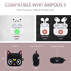 Cute Black Sailor Moon Airpods 3rd generation(2021) Case,7 in 1 Airpods 3 Silicone Accessories Protective Cover, Fashion Fun Cartoon Character Luna Cat Design Airpods 3 Skin for Girls Women Kids Teens