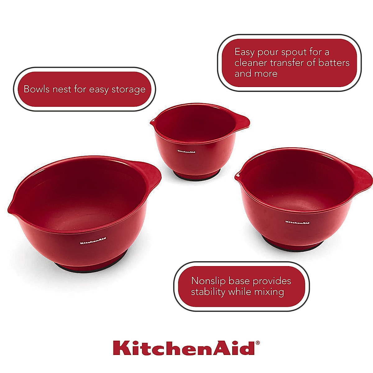 KitchenAid Universal Nesting Plastic Mixing Bowls, Set Of 3, 2.5 quart, 3.5 quart, 4.5 quart, Non Slip Base with Easy Pour Spout to Reduce Mess, Dishwasher Safe, Empire Red