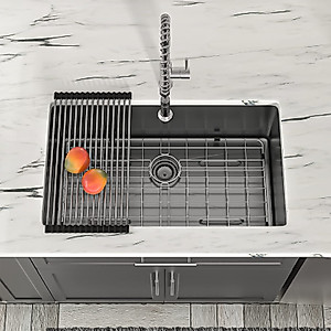 Dcolora 32 Inch Matte Black Undermount Kitchen Sink Gunmetal Stainless Steel 16 Gauge Single Bowl Under Counter Basin, 32"x19"x10", DC-U7726