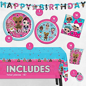 LOL Party Supplies Birthday Decorations | Serves 16 Guests | With Table Cover, Banner, Plates, Napkins, Cups, Button