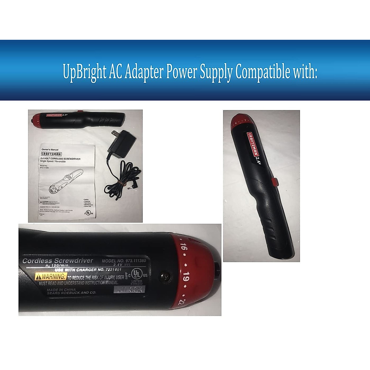 UpBright 3V - 5V AC/DC Adapter Compatible with Craftsman 973.111380 2.4V 973111380 Sears Cordless Screwdriver Screw Driver Drill Battery Charger No. 7221801 3VDC 160mA Class 2 Transformer Power Supply