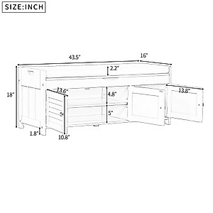 RUNNA Storage Bench with 3 Shutter-Shaped Doors Wood Entryway Bench Shoe Bench with Removable Cushion and Hidden Storage Space Saving,Great for Foyer entrances (White#1)