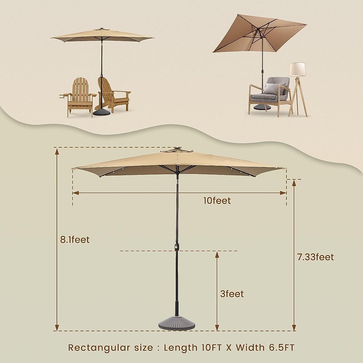 MONDAWE Outdoor Solar LED Patio Umbrella 10 x 6.5 FT Rectangular Market Umbrella with Lights， Tilt and Crank Aluminum Commercial Table Umbrella for Pool Backyard Balcony