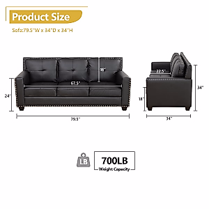 Mlxgoie Faux Leather 3-Seater Upholstered Sofa Couch, 79.5 Inch, Black