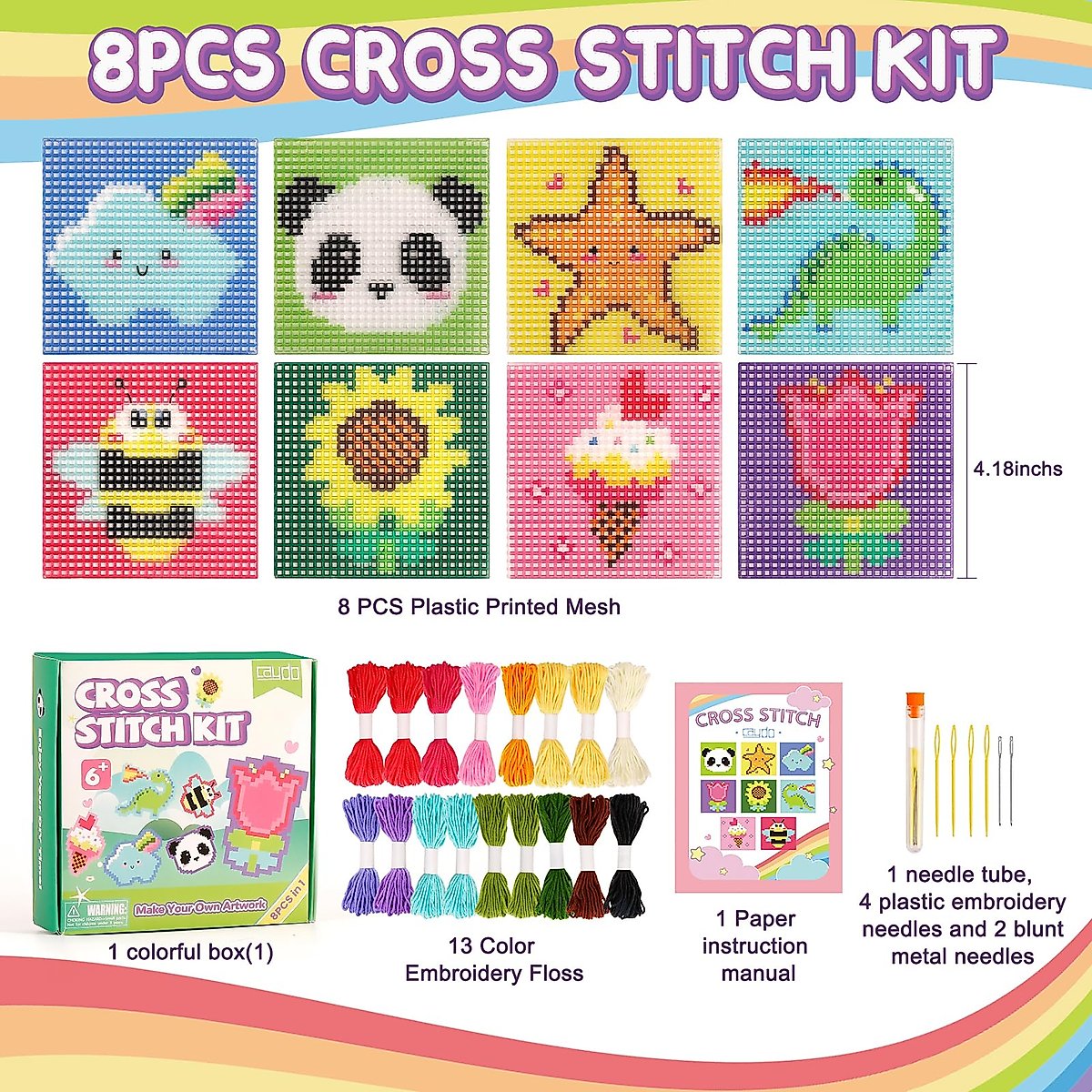 Caydo 8-in-1 Cross Stitch Kit for Beginners Kids, Includes 8 PCS Plastic Canvas with Pre-Patterns, 13 Colors Threads, Instructions, Embroidery Needles for Beginners Sewing