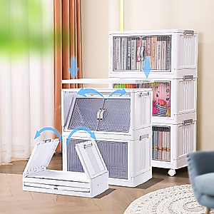 JOYBOS 3 Pack Stackable Storage Bins with Lids and Doors and Wheels -32 Gal Plastic Storage Bins,White Closet Organizers and Storage,Dual Open Doors Collapsible Storage Bins for Home and Office