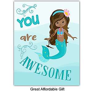African American Girl Wall Decor - Black Art Poster Set 8x10 - Cute Mermaid Wall Decor - Toddler, Little Girls Bedroom Decor - Afro-American Gifts - Light Blue Room Decor Baby Girl Room Decorations