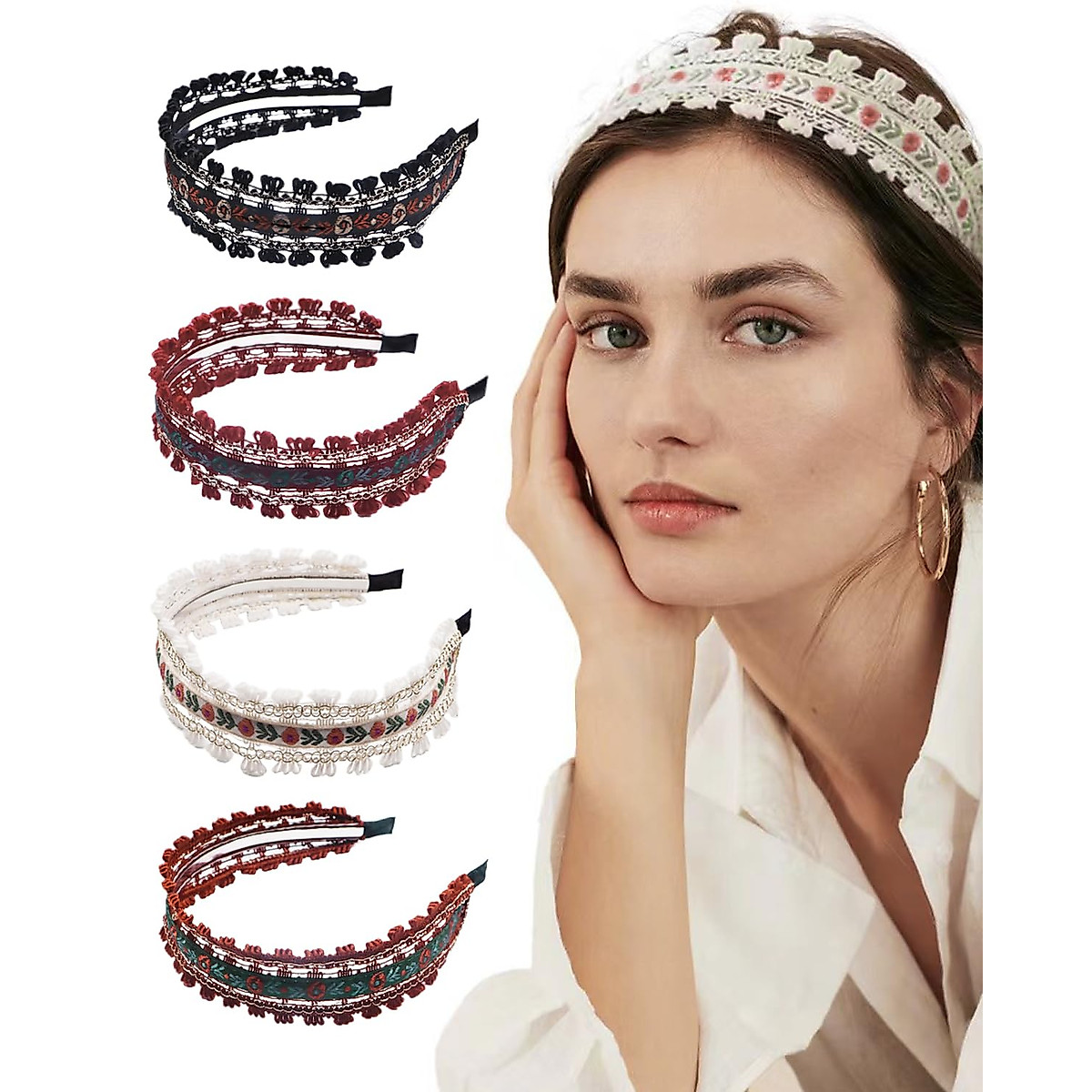 Wide Lace Headband, 4Pcs Boho Floral Hairbands Embroidered Cutout Headbands Elastic Headwrap with Teeth Bohemian Headwear Hard Headbands Hair Accessories for Women Girls and Teens