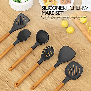 Large Silicone Cooking Utensils Set - Heat Resistant Silicone Utensils for Cooking w Long Wooden Handles, Kitchen Utensil Spatula Set, Kitchen Gadgets for Non-Stick Cookware, BPA Free(Grey)