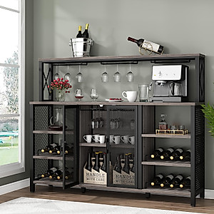 Gyfimoie Wine Bar Cabinet, 55 Inches Industry Coffee Bar Cabinet with Wine Rack and Glass Holder, Kitchen Sideboard Buffet Cabinet with Wine Rack Storage for Liquor and Glasses (Rustic Grey)