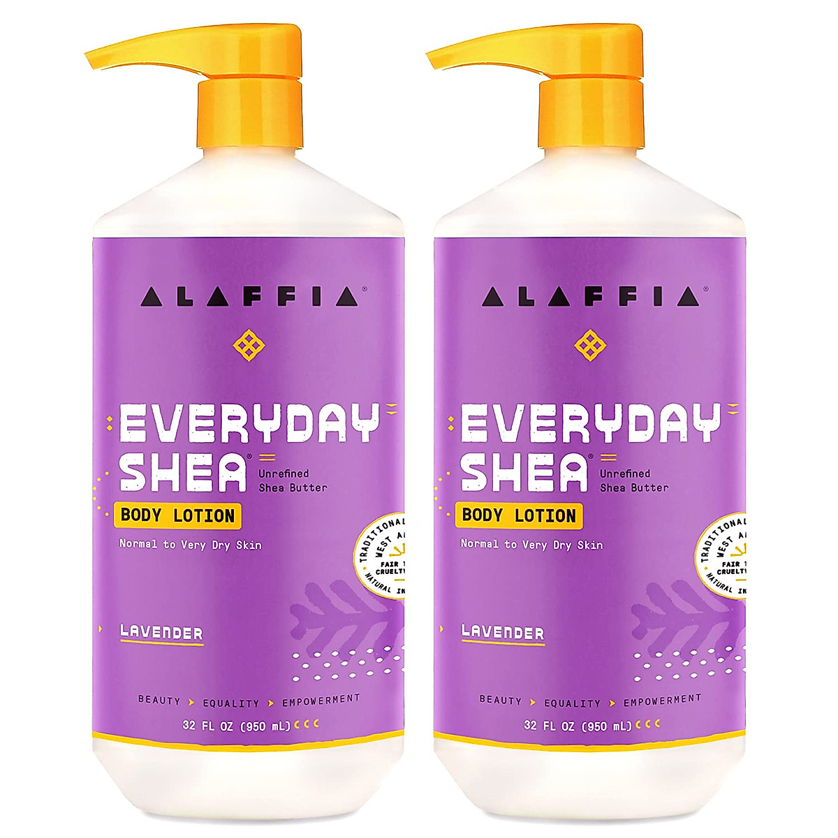 Alaffia Everyday Shea Body Lotion - Normal to Very Dry Skin, Moisturizing Support for Hydrated, Soft, and Supple Skin with Shea Butter and Lemongrass, Fair Trade, Lavender, 2 Pack - 32 Fl Oz Ea