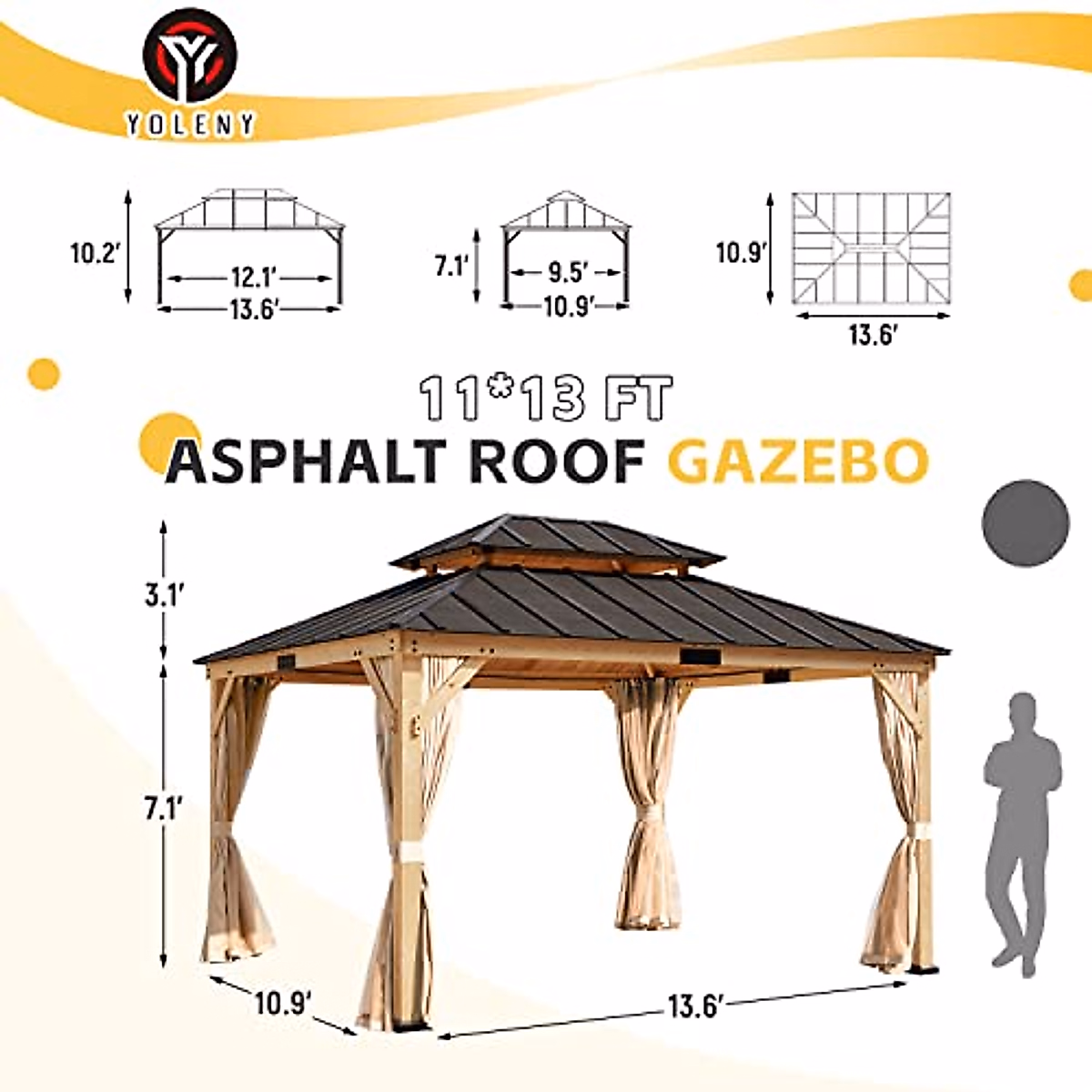 YOLENY 11' x 13' Solid Spruce Wood Gazebo, Hardtop Gazebo with Coated Wood Frame, Waterproof Asphalt Double Roof, Nettings and Curtains for Lawns, Gardens, Decks, and Patios
